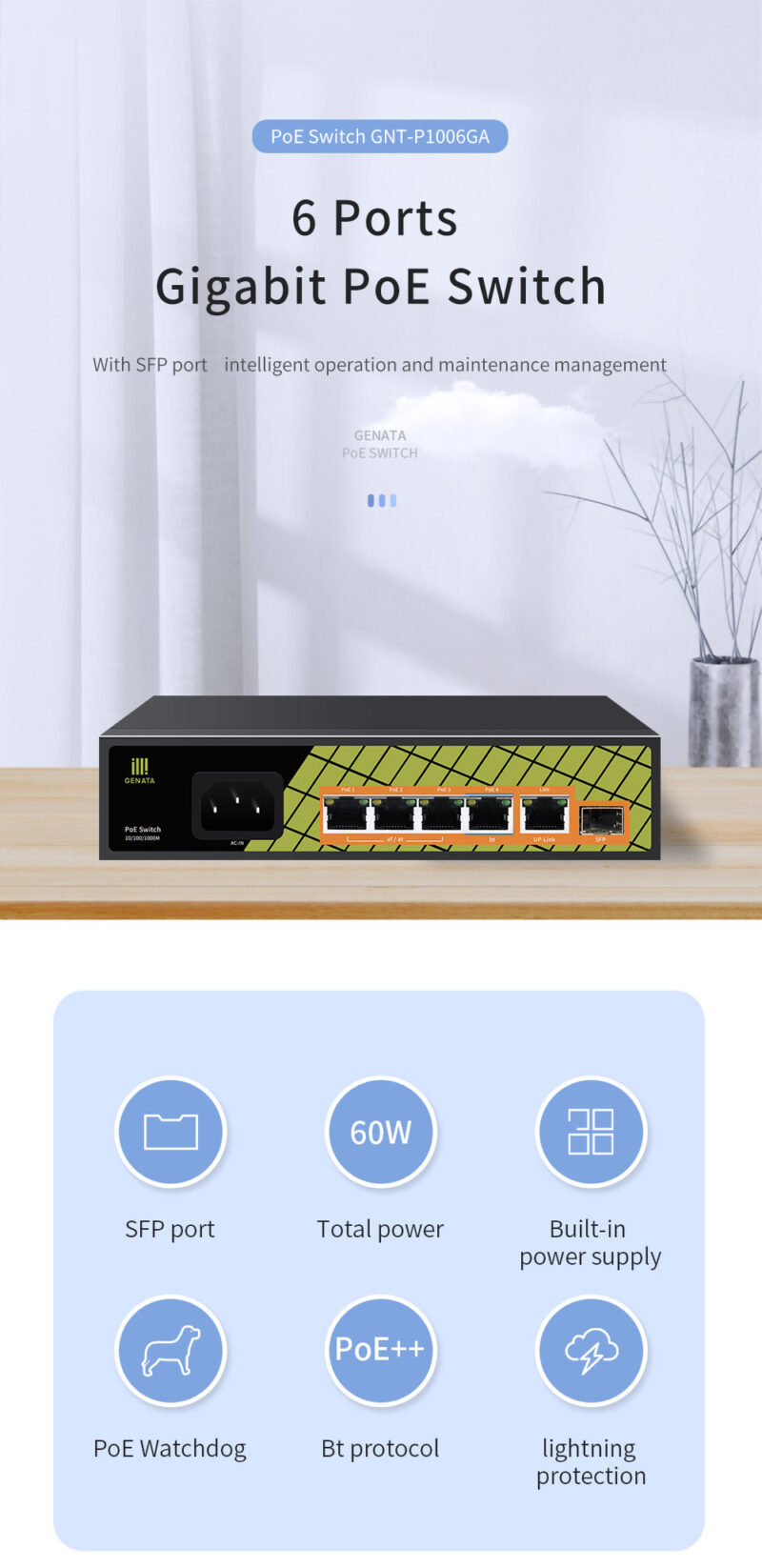 Genata GNT-P1006GA Smart 4 Port 4GE(POE)+1GE(UP-LINK)+1SFP AI Gigabit ...