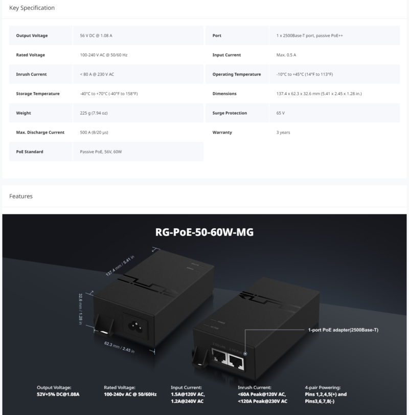 Reyee RG-POE-50-60W-MG, 1-Port PoE Injector (2500Base-T, 56 V, 60 W ...